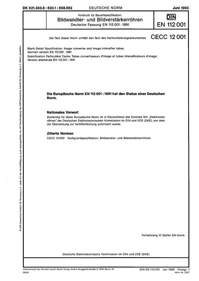 DIN EN 112001:1993 DE - Vordruck für Bauartspezifikation: Bildwandler ...