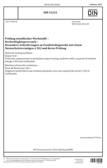 DIN 51222:2017 DE - Prüfung metallischer Werkstoffe ...