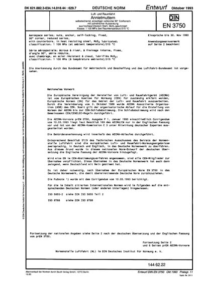 DIN EN 3750:1993 - Aerospace series; nuts, anchor, self-locking, fixed ...