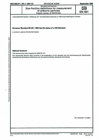 DIN EN 481:1993 - Workplaces atmospheres; size fraction definitions for ...