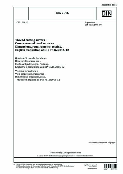 DIN 7516:2016 - Thread cutting screws - Cross recessed head screws ...