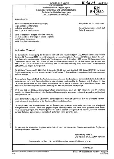 DIN EN 2860-1:1994 - Aerospace series; heat resisting alloys; forging ...