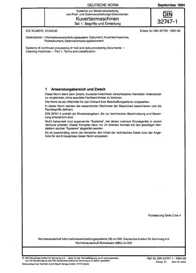 DIN 32747-1:1994 DE - Systeme zur Weiterverarbeitung von Post- und ...