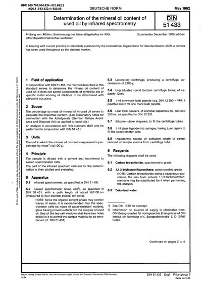 DIN 51433:1992 - Determination of the mineral oil content of used oil ...