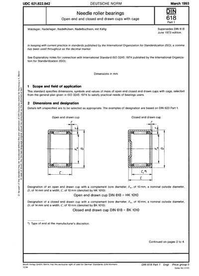DIN 618-1:1993 - Needle roller bearings - Open end and closed end drawn ...
