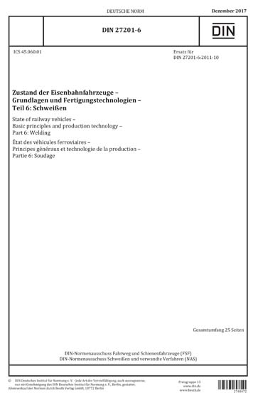 DIN 27201-6:2017 DE - Zustand der Eisenbahnfahrzeuge - Grundlagen und ...
