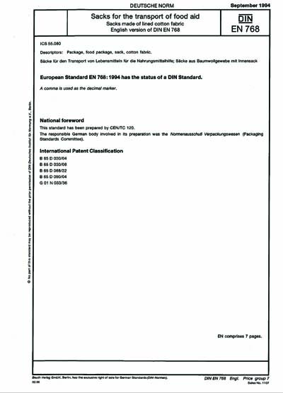 DIN EN 768:1994 - Sacks for the transport of food aid - Sacks made of ...