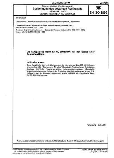 DIN EN ISO 8892:1995 DE - Ölsamenrückstände (Extraktionsschrote ...