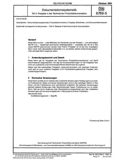 DIN 6789-5:1995 DE - Dokumentationssystematik - Teil 5: Freigabe in der ...