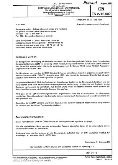 DIN EN 2712-002:1995 - Aerospace series - Cables, electrical, single ...