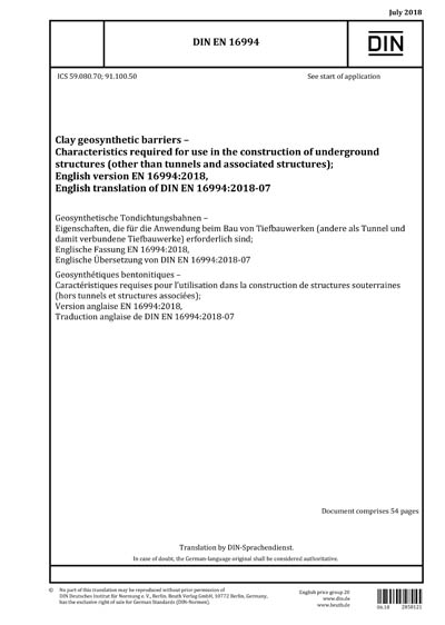 DIN EN 16994:2018 - Clay geosynthetic barriers - Characteristics ...