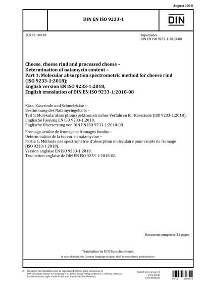 DIN EN ISO 9233-1:2018 - Cheese, cheese rind and processed cheese ...