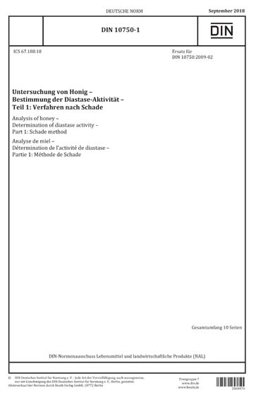 DIN 10750-1:2018 DE - Untersuchung von Honig - Bestimmung der Diastase ...