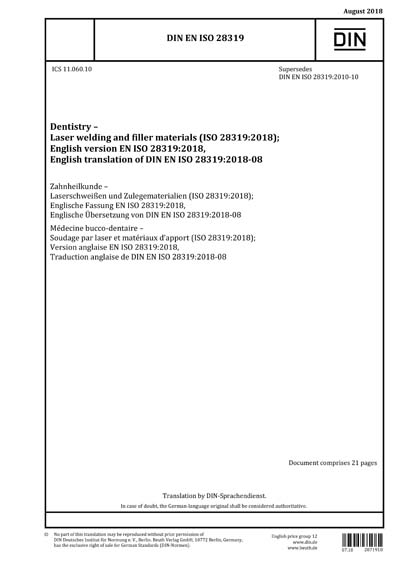 DIN EN ISO 28319:2018 - Dentistry - Laser welding and filler materials ...