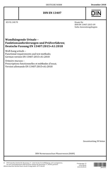 DIN EN 13407:2018 DE - Wandhängende Urinale - Funktionsanforderungen ...