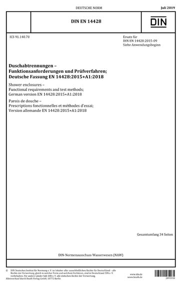 DIN EN 14428:2019 DE - Duschabtrennungen - Funktionsanforderungen und ...
