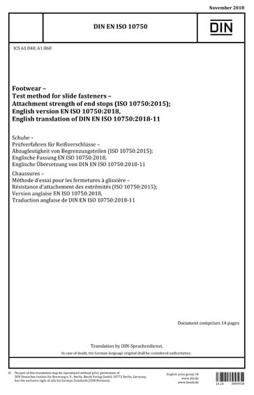 DIN EN ISO 10750:2018 - Footwear - Test method for slide fasteners ...