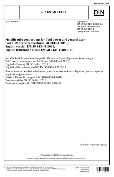 DIN EN ISO 8434-1:2018 - Metallic tube connections for fluid power and ...