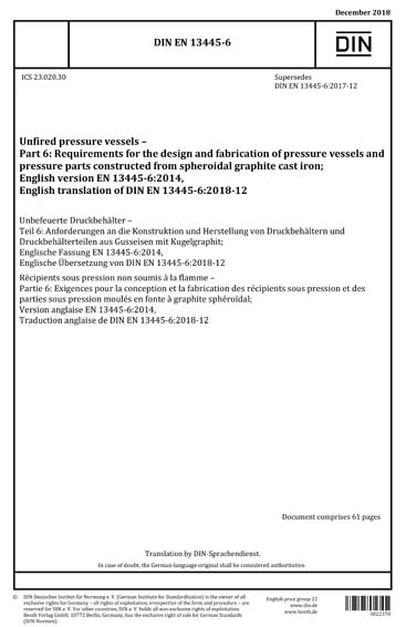 DIN EN 13445-6:2018 - Unfired pressure vessels - Part 6: Requirements for the design and ...