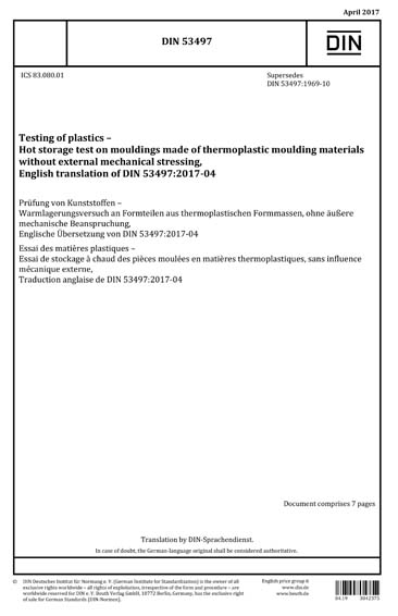 DIN 53497:2017 - Testing of plastics - Hot storage test on mouldings ...