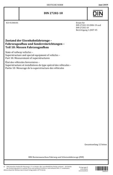 DIN 27202-10:2019 DE - Zustand der Eisenbahnfahrzeuge - Fahrzeugaufbau ...