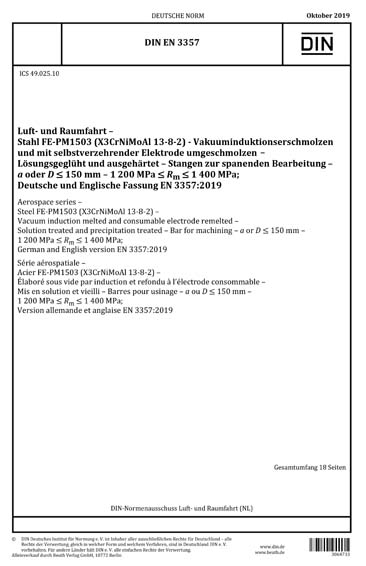 DIN EN 3357:2019 - Aerospace series - Steel FE-PM1503 (X3CrNiMoAl 13-8 ...