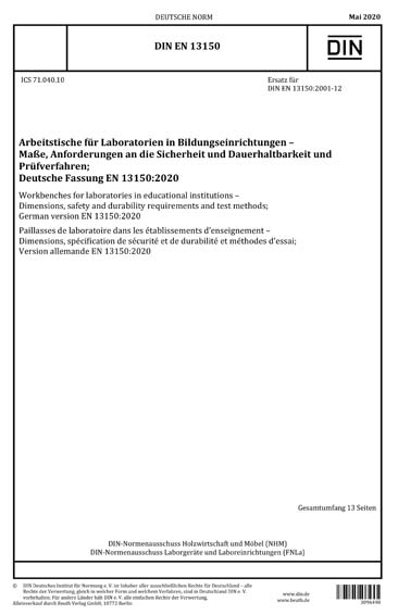 DIN EN 13150:2020 DE - Arbeitstische für Laboratorien in ...