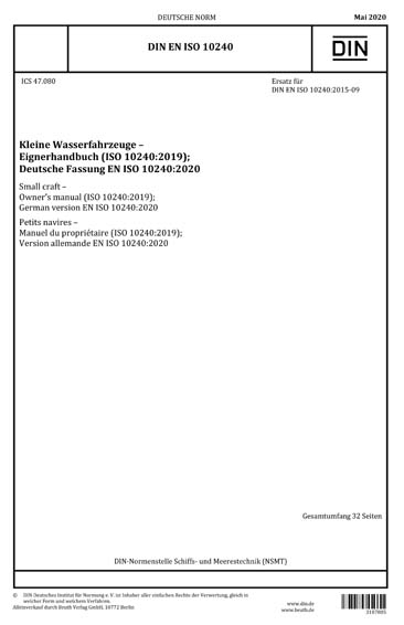DIN EN ISO 10240:2020 DE - Kleine Wasserfahrzeuge - Eignerhandbuch (ISO ...
