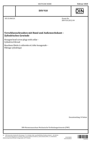 DIN 910:2020 DE - Verschlussschrauben mit Bund und Außensechskant ...