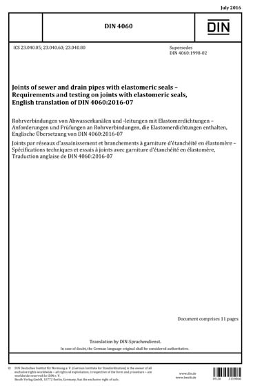 DIN 4060:2016 - Joints of sewer and drain pipes with elastomeric seals ...