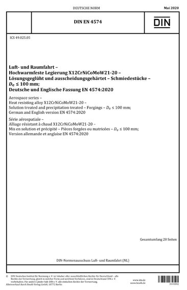 DIN EN 4574:2020 - Aerospace series - Heat resisting alloy ...