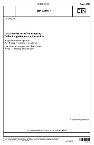 DIN 83406-4:2020 DE - Scharniere für Schiffsausrüstung - Teil 4: Lange ...