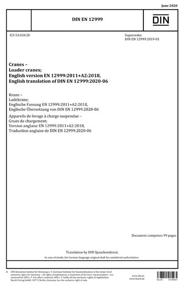 DIN EN 12999:2020 - Cranes - Loader cranes; German version EN 12999: ...