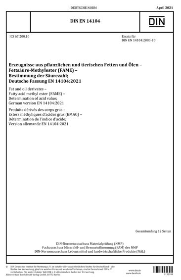 DIN EN 14104:2021 DE - Erzeugnisse aus pflanzlichen und tierischen ...