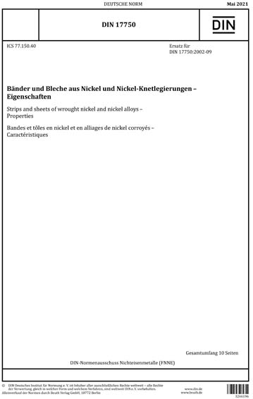 DIN 17750:2021 DE - Bänder und Bleche aus Nickel und Nickel ...