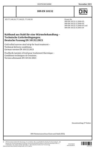 DIN EN 10132:2021 DE - Kaltband aus Stahl für eine Wärmebehandlung ...