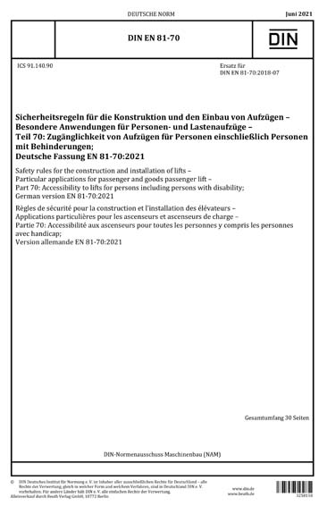DIN EN 81-70:2021 DE - Sicherheitsregeln für die Konstruktion und den ...