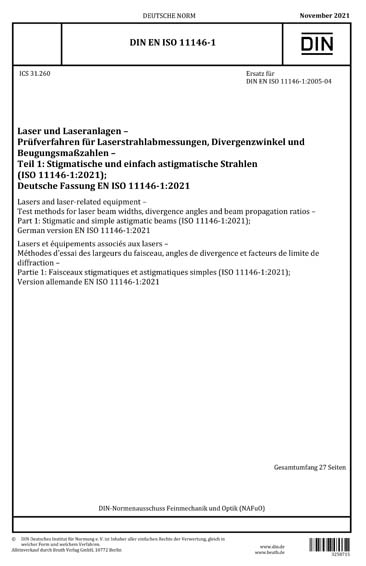 DIN EN ISO 11146-1:2021 DE - Laser und Laseranlagen - Prüfverfahren für ...