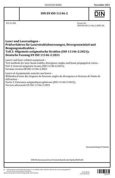 DIN EN ISO 11146-2:2021 DE - Laser und Laseranlagen - Prüfverfahren für ...
