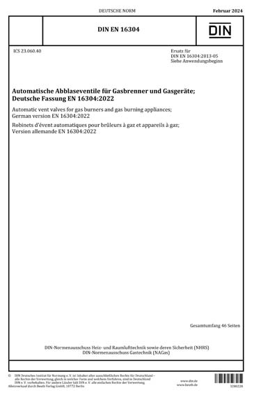DIN EN 16304:2024 DE - Automatische Abblaseventile für Gasbrenner und ...