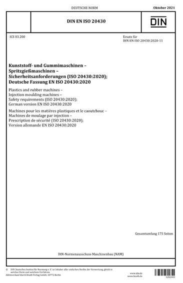DIN EN ISO 20430:2021 DE - Kunststoff- und Gummimaschinen ...