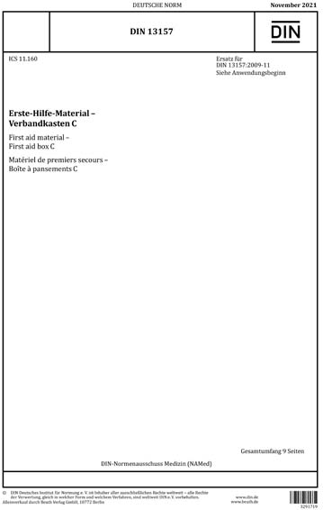 DIN 13157:2021 DE - Erste-Hilfe-Material - Verbandkasten C
