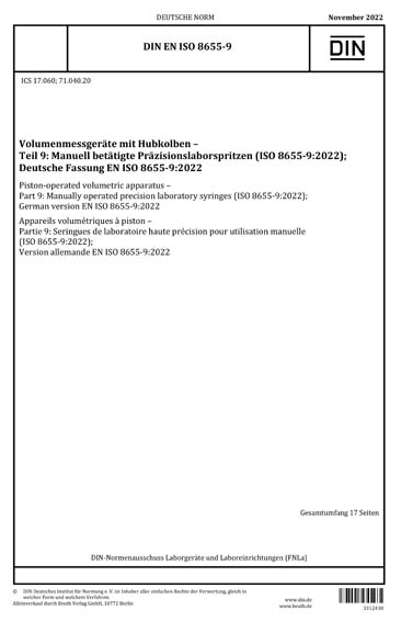 DIN EN ISO 8655-9:2022 DE - Volumenmessgeräte mit Hubkolben - Teil 9 ...