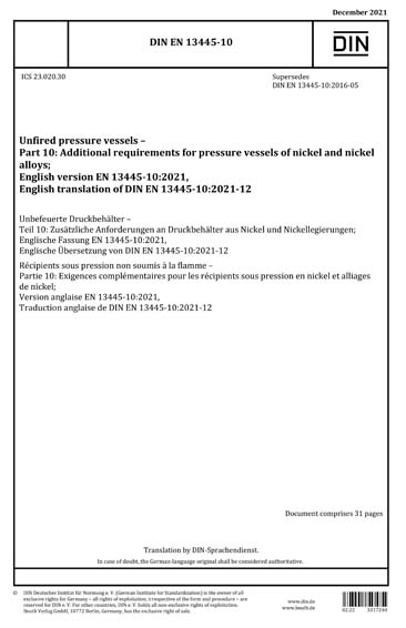 DIN EN 13445-10:2021 - Unfired pressure vessels - Part 10: Additional ...