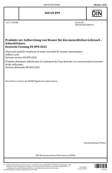 DIN EN 899:2022 DE - Produkte zur Aufbereitung von Wasser für den ...