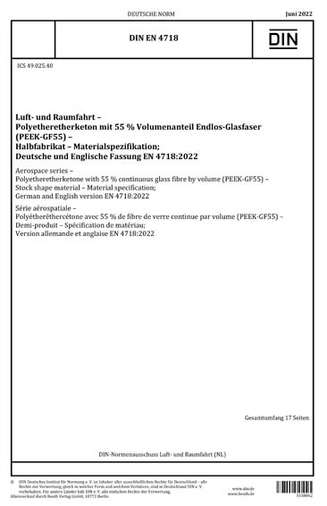 DIN EN 4718:2022 - Aerospace series - Polyetheretherketone with 55 % ...