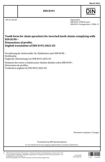 DIN 8191:2022 - Tooth form for chain sprockets for inverted tooth ...