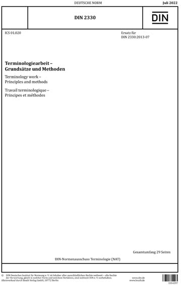 DIN 2330:2022 DE - Terminologiearbeit - Grundsätze und Methoden