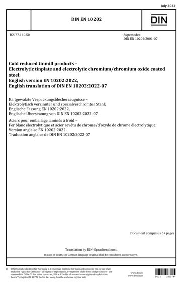 DIN EN 10202:2022 - Cold reduced tinmill products - Electrolytic ...