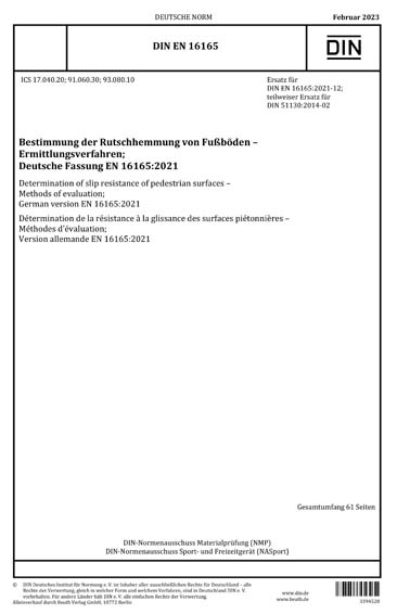 DIN EN 16165:2023 DE - Bestimmung der Rutschhemmung von Fußböden ...